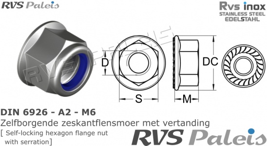 M6 / verp. 100 stuks - Rvs-inox zelfborgende zeskantflensmoer met ...