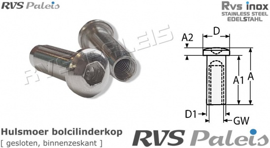 M10 - Rvs ( INOX ) hulsmoer met binnenzeskant A4