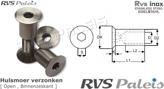 M4 - Rvs ( INOX ) hulsmoer met binnenzeskant | WS9062 | A1