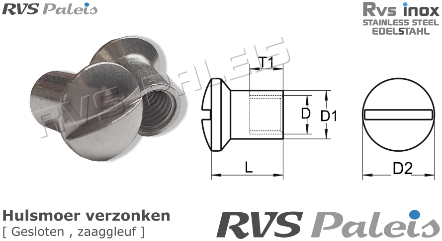 RVS ( INOX ) Hulsmoer met zaaggleuf | Sleeve nuts, threaded side