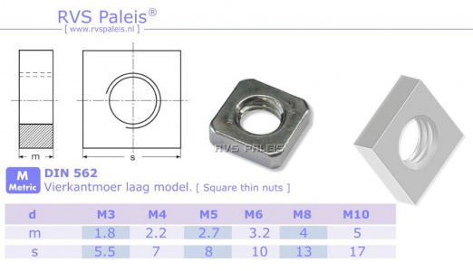M4 / per stuk - Rvs-inox vierkantmoer - DIN562
