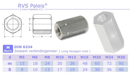 M16 / per stuk - Rvs-inox verbindingsmoer - DIN6334 A2 - koppelmoer