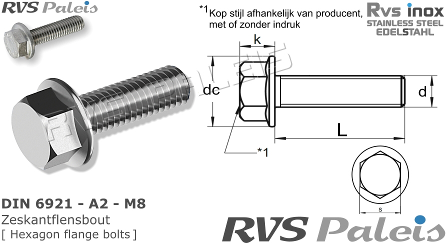 DIN 6921 Rvs A2 - m8 | rvs zeskantflensbout | rvspaleis.nl