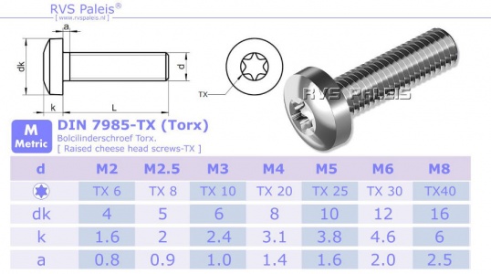 M5 x 25 / per stuk - Rvs-inox bolcilinder schroef TX - DIN7985 torx