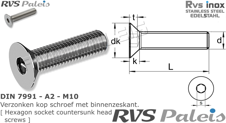 DIN 7991 A2 - m10 | rvs inbusbout | verzonken kop schroef met ...