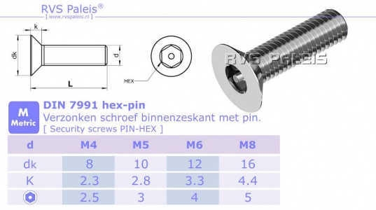 M4 x 12 / per stuk - Rvs-inox verzonken schroef Hex-pin - DIN7991 Hex ...