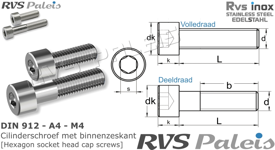 DIN 912 A4 - m4 | rvs inbusbout | cilinderschroef met binnenzeskant ...