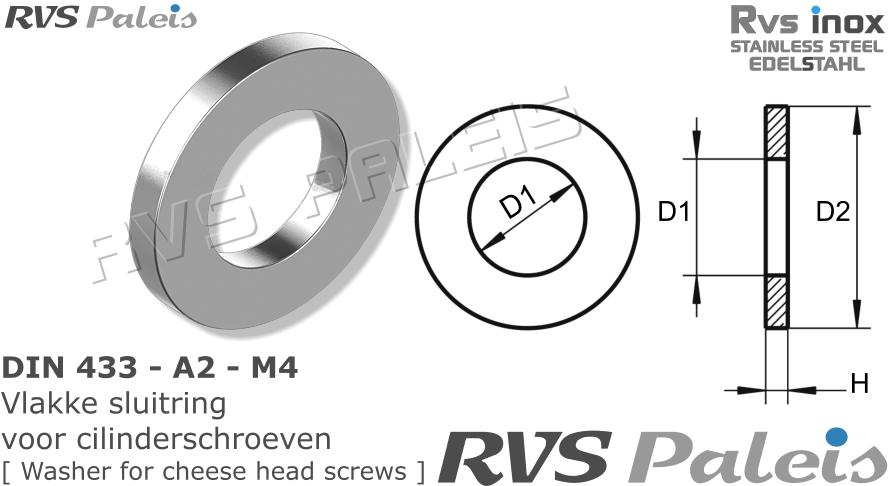 DIN 433 Rvs A2 | m4 | Rvs vlakke sluitring | Rvspaleis.nl
