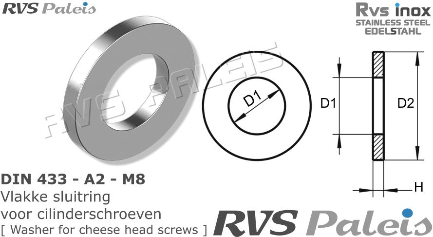 DIN 433 Rvs A2 | m8 | Rvs vlakke sluitring | Rvspaleis.nl