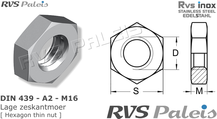 DIN 439 A2 - m16 | rvs lage zeskantmoer | Rvspaleis.nl
