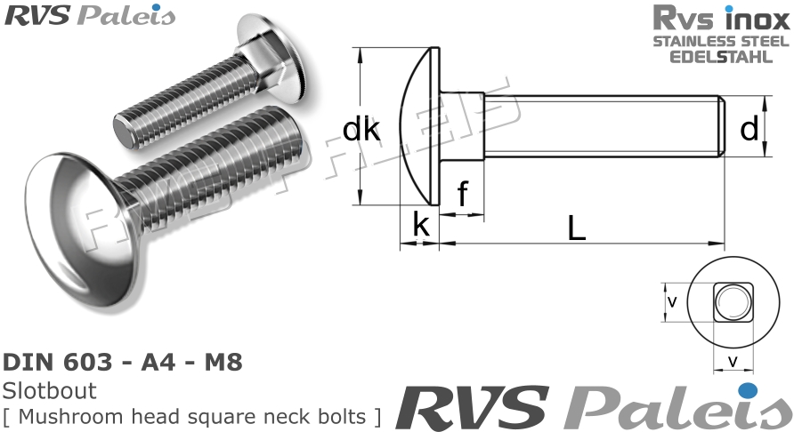 Rvs slotbout m8 Din 603 A4 | Rvspaleis.nl