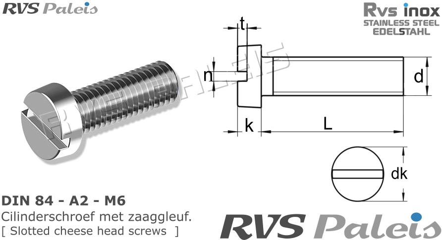 DIN 84 Rvs A2 - m6 | rvs cilinder schroef zaaggleuf | rvspaleis.nl