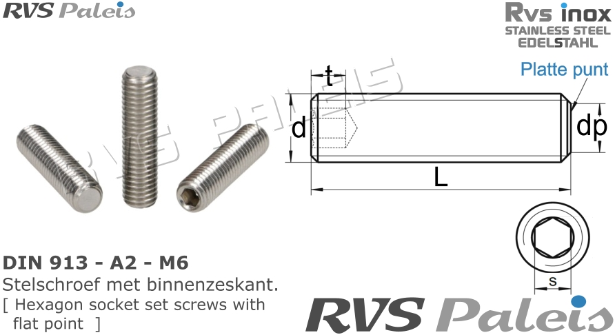DIN 913 (iso 4026) Rvs A2 - m6 | rvs stelschroef m6 | Rvspaleis.nl