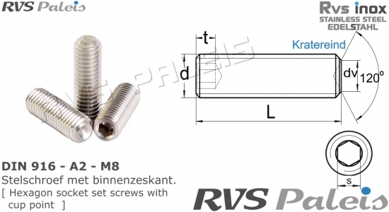 DIN 916 (iso 4029) Rvs A2 - m8 | rvs stelschroef m8 | Rvspaleis.nl