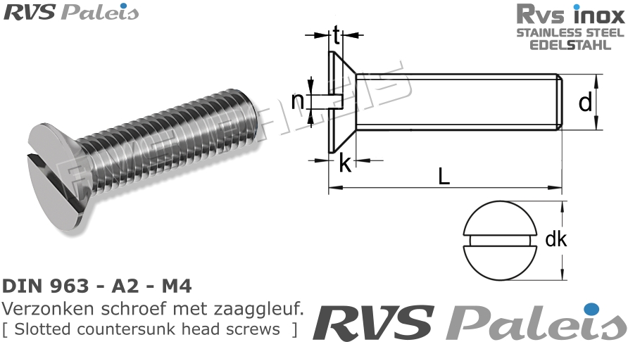 DIN 963 Rvs A2 - m4 | rvs verzonken schroef zaaggleuf | rvspaleis.nl