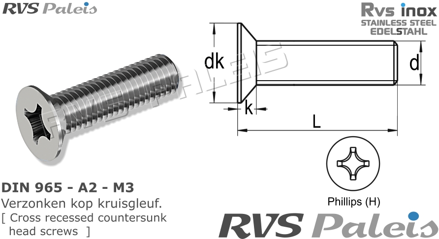 DIN 965 Rvs A2 - m3 | rvs verzonken kop schroef kruisgleuf (phillips ...