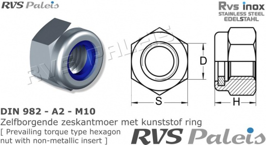 DIN 982 A2 - m10 | rvs zelfborgende zeskantmoer | Rvspaleis.nl