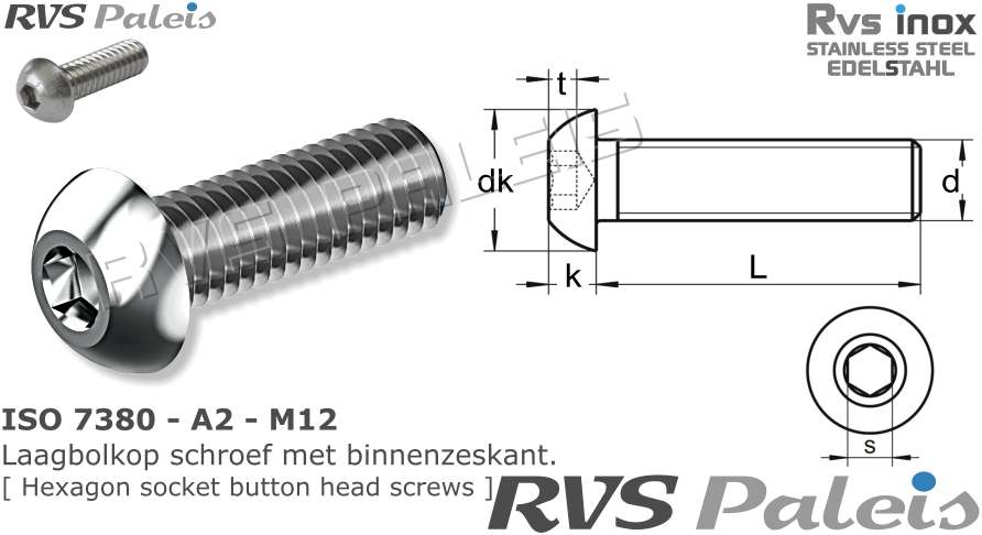 ISO 7380 A2 - m12 | rvs laagbolkopschroef | rvs laagbolkop schroef met ...
