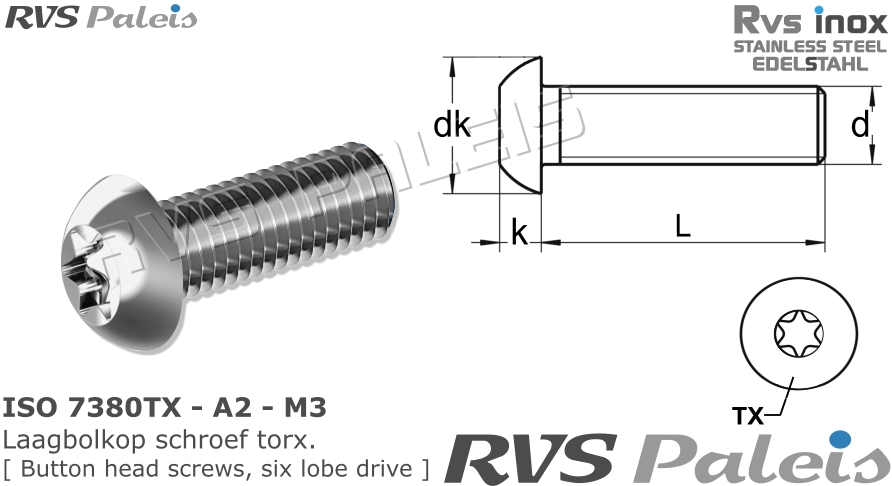 ISO 7380 A2 TX - m3 | rvs laagbolkopschroeven torx | rvspaleis.nl
